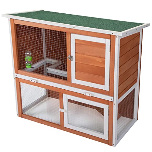 2-Story Wooden Rabbit Hutch Indoor Outdoor Guinea Pig Cage with Ventilation Door, Removable Tray, Ramp, Waterproof Roof, Water Bottles, Solid Wood Hamster/Bunny Hutch for Small Animals (Orange)