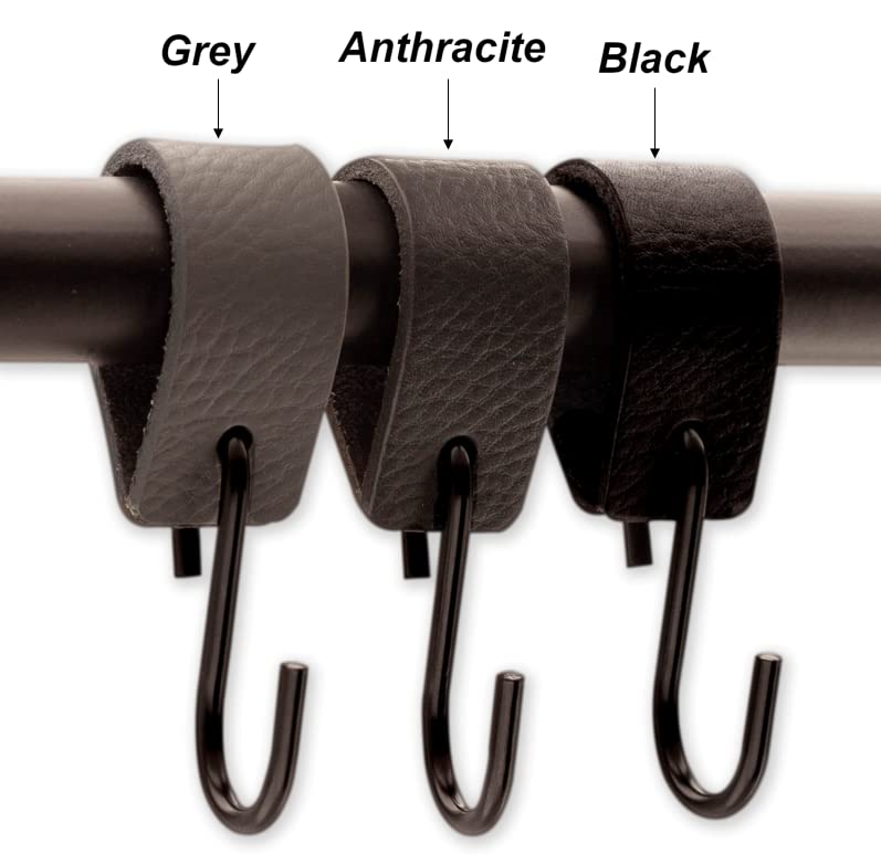 Brute Strength - Multifunctional Leather S-Hooks - Anthracite - 6 Pieces - S Shaped Hooks - Coat Hook - Leather Hooks - Leather s Hooks - Black s Hooks - Kitchen Hooks