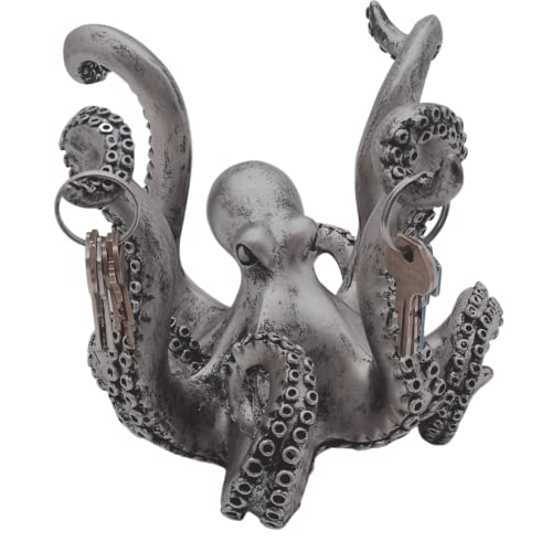 Silver Toned Octopus Mug Holder, Unique Kitchen Organization, Freestanding Tabletop Décor, Nautical Theme Decoration, 7.5 Inches