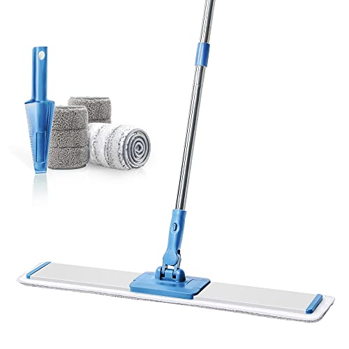 CQT Commercial Flat Microfiber Floor Mop Cleaning System 24" Inch Wet Dry and Dust Hardwood with 4 Washable Pads Cleaner for Laminate Tile Stainless Steel Handle and Extension (Blue)