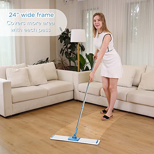 CQT Commercial Flat Microfiber Floor Mop Cleaning System 24" Inch Wet Dry and Dust Hardwood with 4 Washable Pads Cleaner for Laminate Tile Stainless Steel Handle and Extension (Blue)