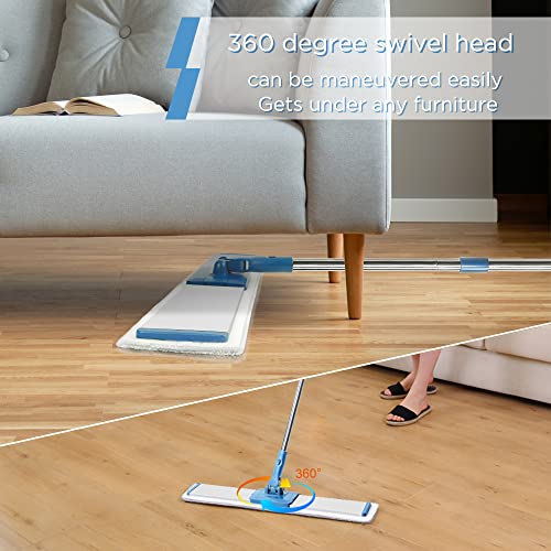 CQT Commercial Flat Microfiber Floor Mop Cleaning System 24" Inch Wet Dry and Dust Hardwood with 4 Washable Pads Cleaner for Laminate Tile Stainless Steel Handle and Extension (Blue)