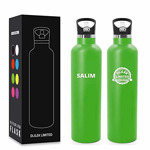 SALIM Water bottle stainless steel with straw. Insulated double walled 1L thermos keeps drinks hot for up to 12 hours and cold 24 hours. Bpa free. Metal bottles. good gift. (Green)