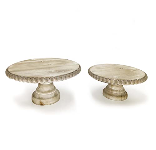 First of a Kind Unique Round Wood Tray - Set of 2 Beaded pedestals Wooden Trays, 12.5" Creative Small Wood Tray Decor - Decorative Tray for Home & Kitchen Decor (Whitewashed)