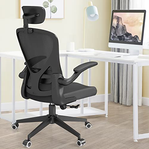 Wayaon Office Chair Ergonomic Desk Chair Home Mesh High Back Chairs Adjustable Lumbar Support and Headrest with Flip-Up Arms, Tilt Function, Wheel 360 Degree Swivel Computer Chair