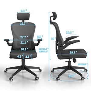 Wayaon Office Chair Ergonomic Desk Chair Home Mesh High Back Chairs Adjustable Lumbar Support and Headrest with Flip-Up Arms, Tilt Function, Wheel 360 Degree Swivel Computer Chair