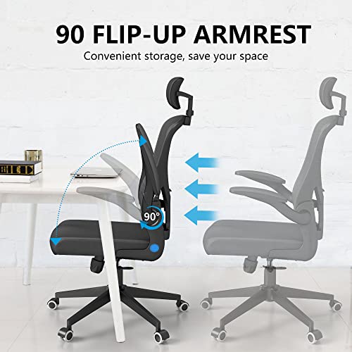 Wayaon Office Chair Ergonomic Desk Chair Home Mesh High Back Chairs Adjustable Lumbar Support and Headrest with Flip-Up Arms, Tilt Function, Wheel 360 Degree Swivel Computer Chair