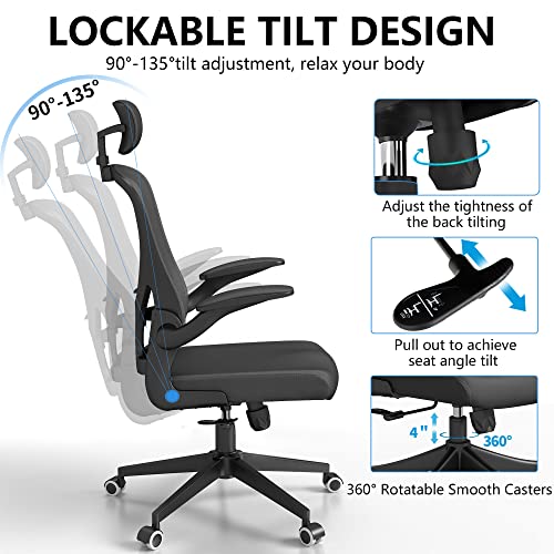 Wayaon Office Chair Ergonomic Desk Chair Home Mesh High Back Chairs Adjustable Lumbar Support and Headrest with Flip-Up Arms, Tilt Function, Wheel 360 Degree Swivel Computer Chair