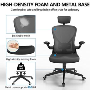 Wayaon Office Chair Ergonomic Desk Chair Home Mesh High Back Chairs Adjustable Lumbar Support and Headrest with Flip-Up Arms, Tilt Function, Wheel 360 Degree Swivel Computer Chair