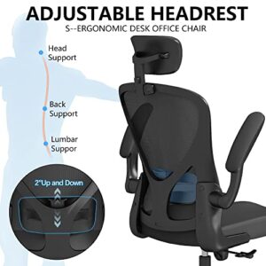 Wayaon Office Chair Ergonomic Desk Chair Home Mesh High Back Chairs Adjustable Lumbar Support and Headrest with Flip-Up Arms, Tilt Function, Wheel 360 Degree Swivel Computer Chair