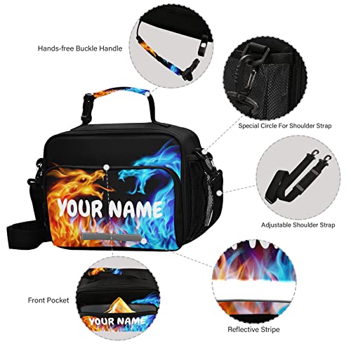 KFBE Custom Name Water Fire Dragon Lunch Box Insulated, Lunch Bags Cooler Tote Bag with Removable Shoulder Strap for Boy one size