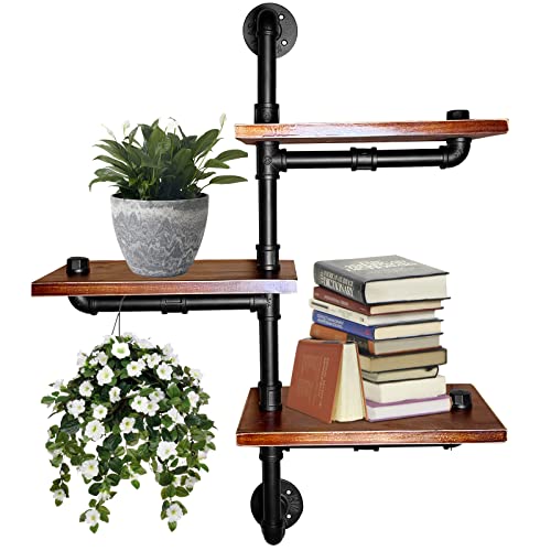 FORIVE Industrial Pipe Shelving, Metal Pipe Wall Floating Shelves with Solid Wood Planks, 3 Layer Steampunk Hanging Bookshelf for Bathroom Bedroom Office Living Room Kitchen Bar Decor