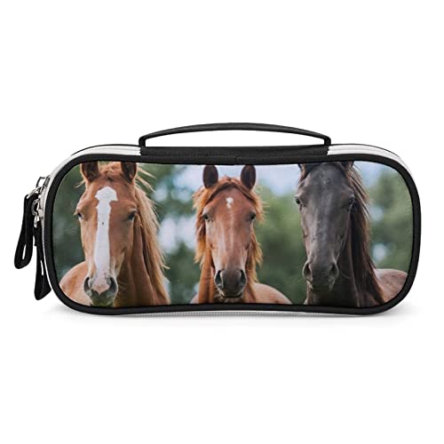 Three Horses Printed Pencil Case Bag Stationery Pouch with Handle Portable Makeup Bag Desk Organizer