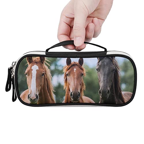 Three Horses Printed Pencil Case Bag Stationery Pouch with Handle Portable Makeup Bag Desk Organizer