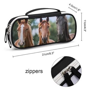 Three Horses Printed Pencil Case Bag Stationery Pouch with Handle Portable Makeup Bag Desk Organizer