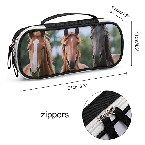 Three Horses Printed Pencil Case Bag Stationery Pouch with Handle Portable Makeup Bag Desk Organizer