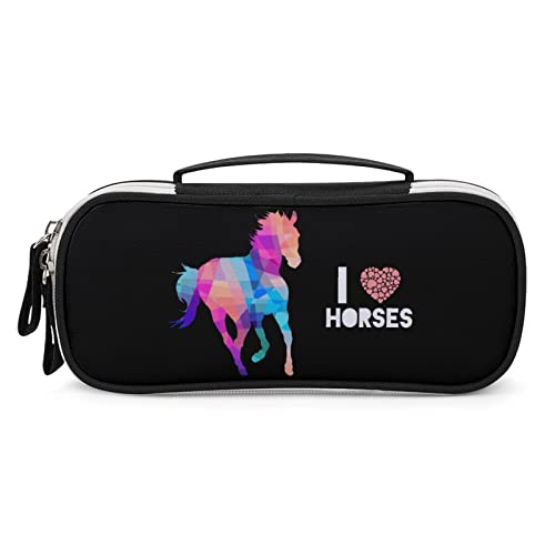 I Love Horses Printed Pencil Case Bag Stationery Pouch with Handle Portable Makeup Bag Desk Organizer