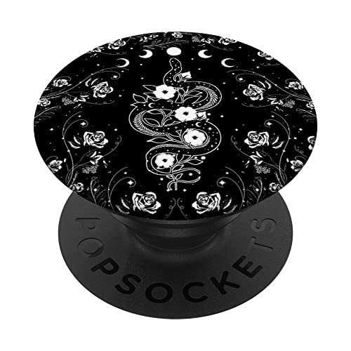 Witchy Snake Vertical Floral Moon Phase Black And White PopSockets Swappable PopGrip