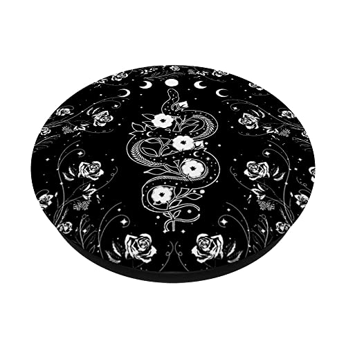 Witchy Snake Vertical Floral Moon Phase Black And White PopSockets Swappable PopGrip