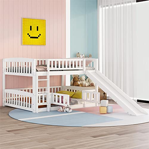 Harper & Bright Designs Full Over Full Low Bunk with Slide,Low Bunk Bed with Ladder,Wooden Bunk Bedframe with Fence for Toddler Kids Teens,No Box Spring Needed (White)