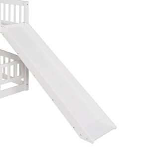 Harper & Bright Designs Full Over Full Low Bunk with Slide,Low Bunk Bed with Ladder,Wooden Bunk Bedframe with Fence for Toddler Kids Teens,No Box Spring Needed (White)