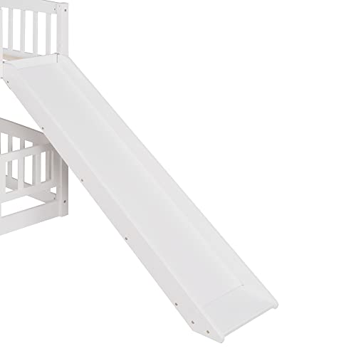 Harper & Bright Designs Full Over Full Low Bunk with Slide,Low Bunk Bed with Ladder,Wooden Bunk Bedframe with Fence for Toddler Kids Teens,No Box Spring Needed (White)