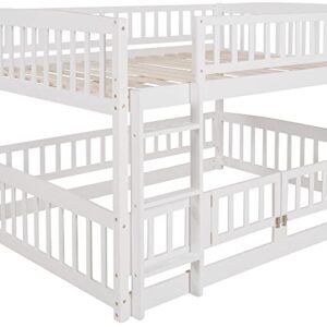 Harper & Bright Designs Full Over Full Low Bunk with Slide,Low Bunk Bed with Ladder,Wooden Bunk Bedframe with Fence for Toddler Kids Teens,No Box Spring Needed (White)