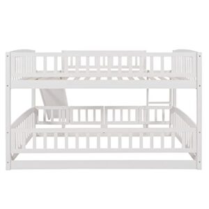 Harper & Bright Designs Full Over Full Low Bunk with Slide,Low Bunk Bed with Ladder,Wooden Bunk Bedframe with Fence for Toddler Kids Teens,No Box Spring Needed (White)