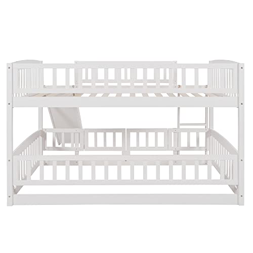 Harper & Bright Designs Full Over Full Low Bunk with Slide,Low Bunk Bed with Ladder,Wooden Bunk Bedframe with Fence for Toddler Kids Teens,No Box Spring Needed (White)