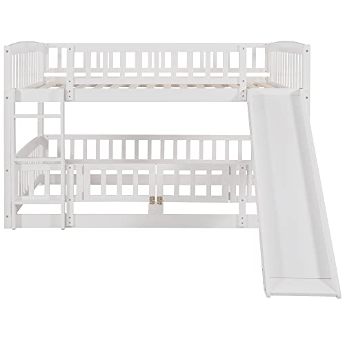 Harper & Bright Designs Full Over Full Low Bunk with Slide,Low Bunk Bed with Ladder,Wooden Bunk Bedframe with Fence for Toddler Kids Teens,No Box Spring Needed (White)