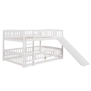 Harper & Bright Designs Full Over Full Low Bunk with Slide,Low Bunk Bed with Ladder,Wooden Bunk Bedframe with Fence for Toddler Kids Teens,No Box Spring Needed (White)