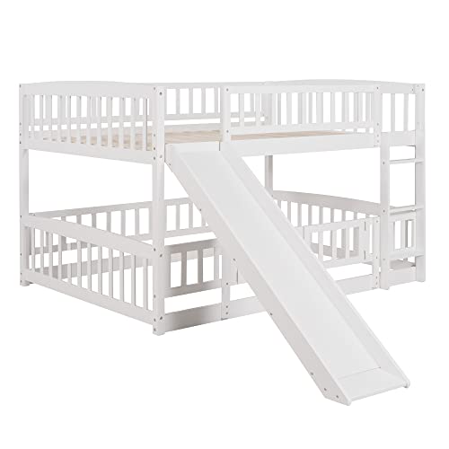 Harper & Bright Designs Full Over Full Low Bunk with Slide,Low Bunk Bed with Ladder,Wooden Bunk Bedframe with Fence for Toddler Kids Teens,No Box Spring Needed (White)