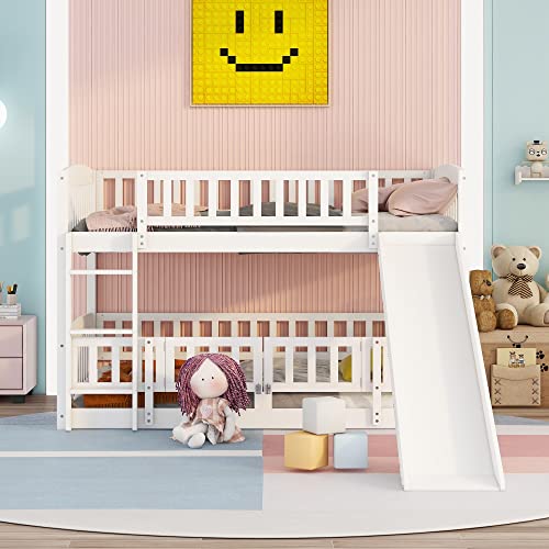 Harper & Bright Designs Full Over Full Low Bunk with Slide,Low Bunk Bed with Ladder,Wooden Bunk Bedframe with Fence for Toddler Kids Teens,No Box Spring Needed (White)