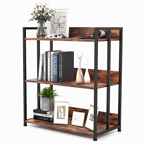 Tangkula Bookshelf, 3 Tier Industrial Book Shelf with Adjustable Shelves and Metal Frame, DIY 3 Shelf Bookcase and Bookshelves, Freestanding Storage Shelf for Living Room Home Office, Rustic Brown