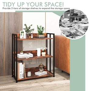 Tangkula Bookshelf, 3 Tier Industrial Book Shelf with Adjustable Shelves and Metal Frame, DIY 3 Shelf Bookcase and Bookshelves, Freestanding Storage Shelf for Living Room Home Office, Rustic Brown