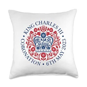 great britain patriotic designs by raleigh 2023 coronation king charles uk british crown emblem logo throw pillow, 18x18, multicolor