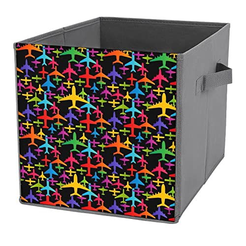 Colorful Airplane Pattern Collapsible Storage Bins Basics Folding Fabric Storage Cubes Organizer Boxes with Handles