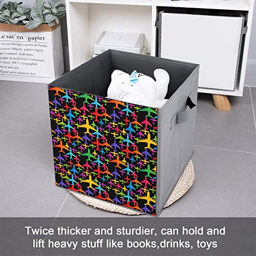 Colorful Airplane Pattern Collapsible Storage Bins Basics Folding Fabric Storage Cubes Organizer Boxes with Handles