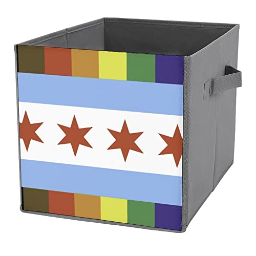 Chicago Pride Flag Rainbow Stripes Collapsible Storage Bins Basics Folding Fabric Storage Cubes Organizer Boxes with Handles