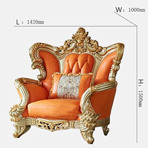 DEKIST Solid Wood Leather Sofa, European-Style Villa Living Room Luxury Leather Sofa, Mansion Solid Wood Furniture Suitable for Villa Living Room with Pillows