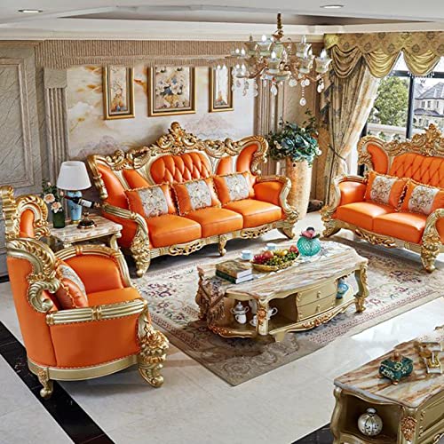 DEKIST Solid Wood Leather Sofa, European-Style Villa Living Room Luxury Leather Sofa, Mansion Solid Wood Furniture Suitable for Villa Living Room with Pillows