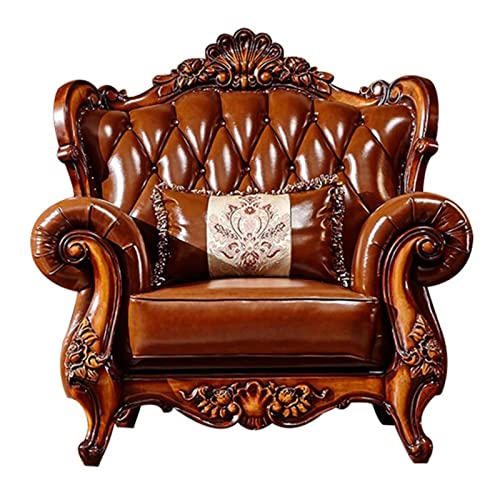 DEKIST European-Style Leather Sofa, Solid Wood Carved High-end American-Style Sofa Villa Living Room Furniture Suitable for Villa Living Room with Pillows Sofa