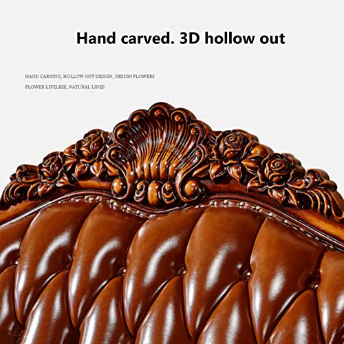 DEKIST European-Style Leather Sofa, Solid Wood Carved High-end American-Style Sofa Villa Living Room Furniture Suitable for Villa Living Room with Pillows Sofa