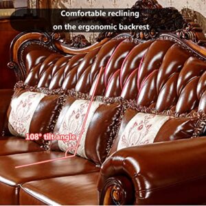 DEKIST European-Style Leather Sofa, Solid Wood Carved High-end American-Style Sofa Villa Living Room Furniture Suitable for Villa Living Room with Pillows Sofa