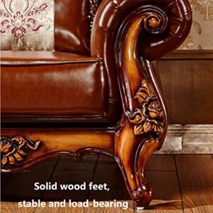 DEKIST European-Style Leather Sofa, Solid Wood Carved High-end American-Style Sofa Villa Living Room Furniture Suitable for Villa Living Room with Pillows Sofa