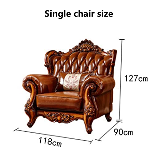 DEKIST European-Style Leather Sofa, Solid Wood Carved High-end American-Style Sofa Villa Living Room Furniture Suitable for Villa Living Room with Pillows Sofa