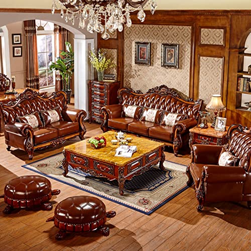 DEKIST European-Style Leather Sofa, Solid Wood Carved High-end American-Style Sofa Villa Living Room Furniture Suitable for Villa Living Room with Pillows Sofa