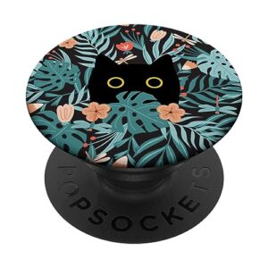 black cat in botanical flowers green floral pattern cute cat popsockets standard popgrip