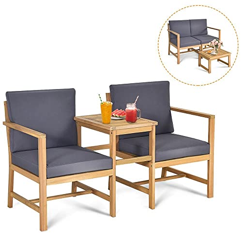 WYKDD 3 PCS Patio Table Chairs Set Solid Wood Thick Cushion Sectional Garden Furniture