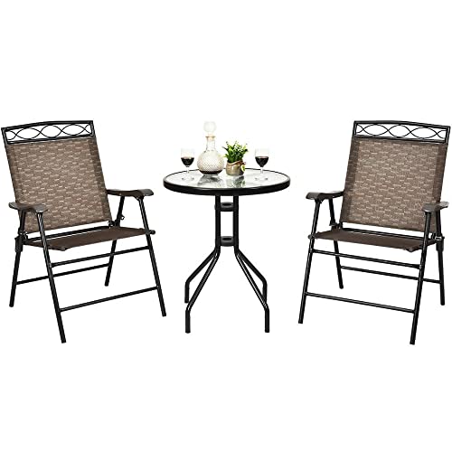 WYKDD 3 PCS Bistro Conversation Patio Pub Dining Set W/ 2 Folding Chairs & Glass Table Round Table